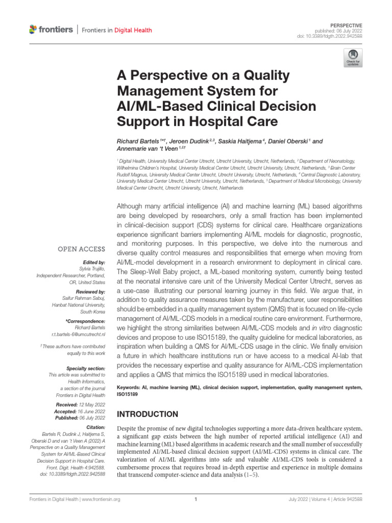 A Perspective on a Quality Management System for AI/ML-Based Clinical Decision Support in ...