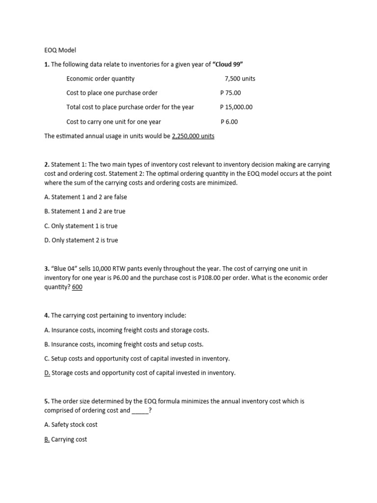 (MANAGEMENT SCIENCE) EOQ Model Quiz | PDF | Inventory | Economies