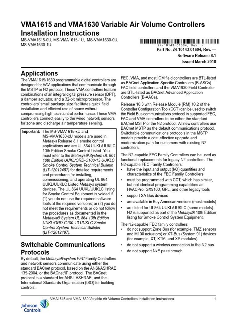 VMA1615 and VMA1630 Variable Air Volume Controllers Installation ...