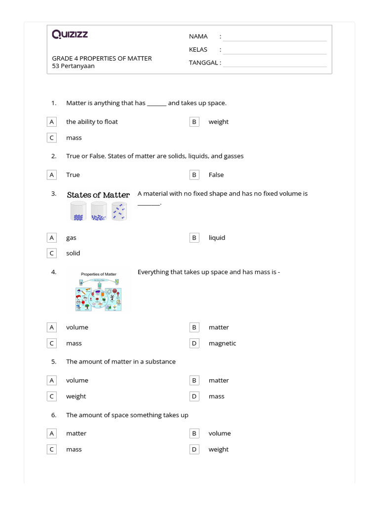 Grade 4 States of Matter Quiz | PDF | Liquids | Gases