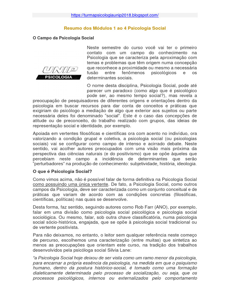 Resumo Modulos Psicologia Social NP1 | PDF | Psicologia | Sociologia