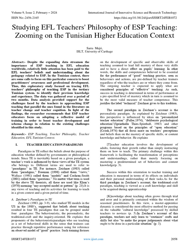 Studying EFL Teachers' Philosophy of ESP Teaching: Zooming On The Tunisian Higher Education ...