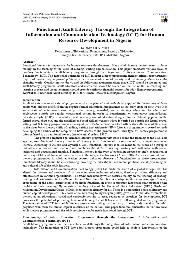 Adult Literacy and Integration of ICT For Resource Development | PDF | Literacy | Adult Education