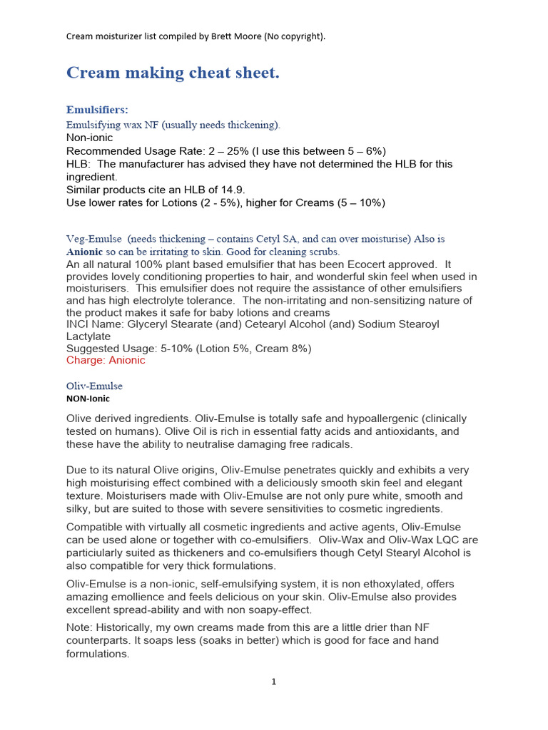 Cream Making Cheat Sheet | PDF | Emulsion