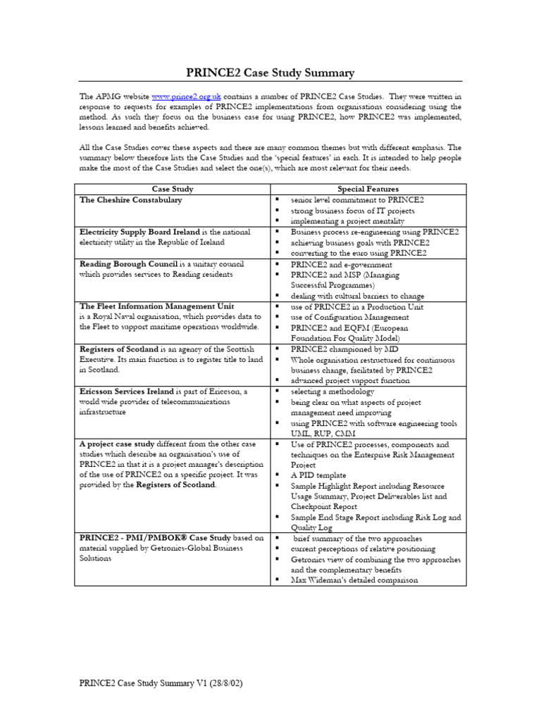 PRINCE2 Case Study Summary | PDF | Information Technology Management ...