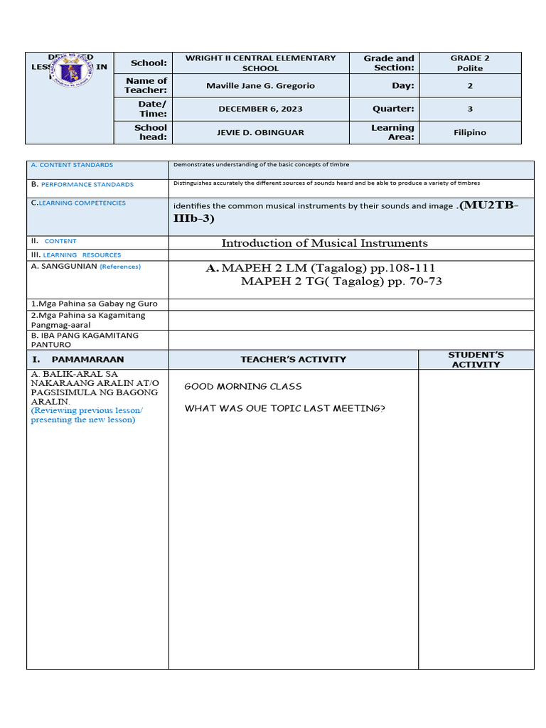 DLP Mapeh Music | PDF | Tagalog Language | Musicology