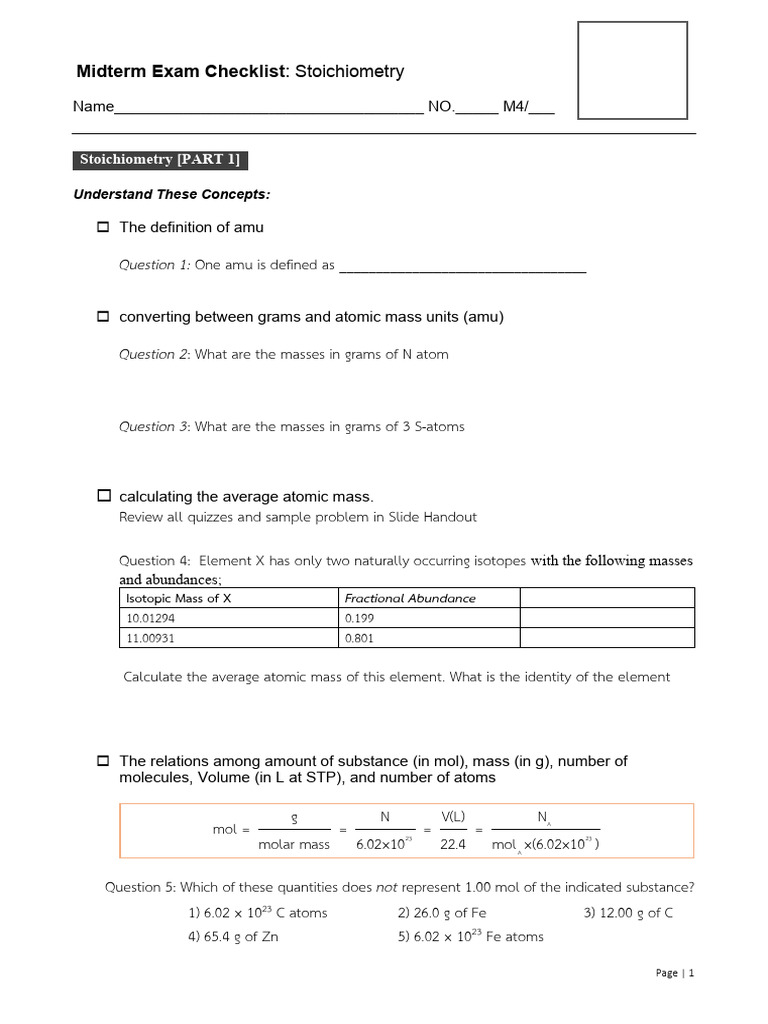 Stoichiometry Exam Prep Guide | PDF | Mole (Unit) | Physical Chemistry
