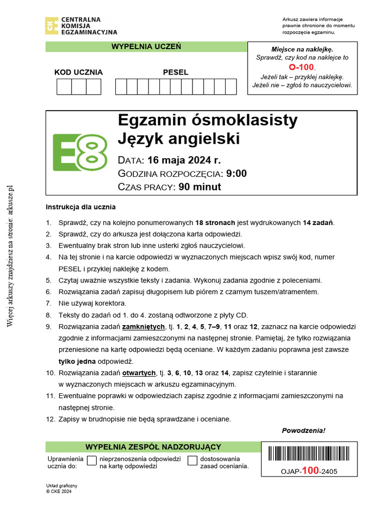 Jezyk Angielski 2024 Egzamin Osmoklasisty | PDF