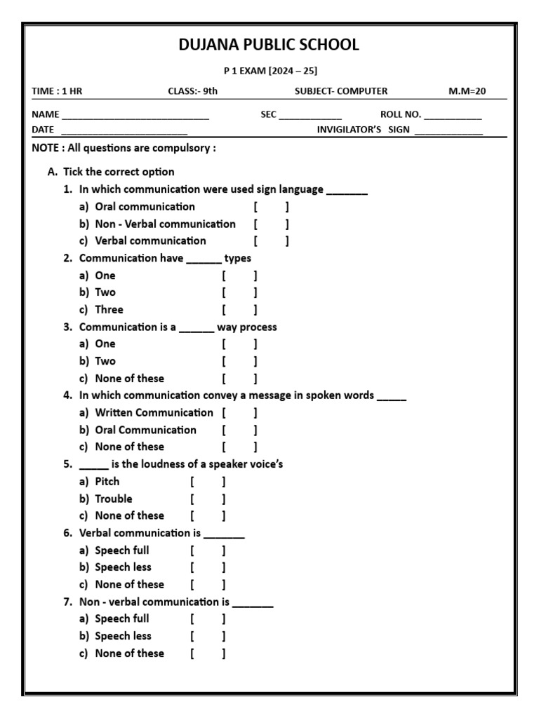 Question Paper P1 Class 9th | PDF | Communication | Speech