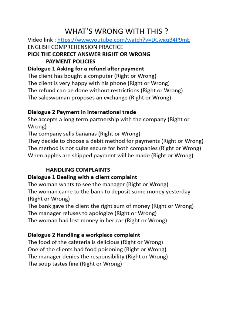 English Comprehension Practice: Right or Wrong | PDF | Career & Growth ...