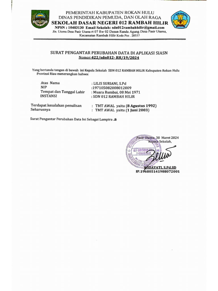 Surat Pengantar Perubahan TMT Awal | PDF