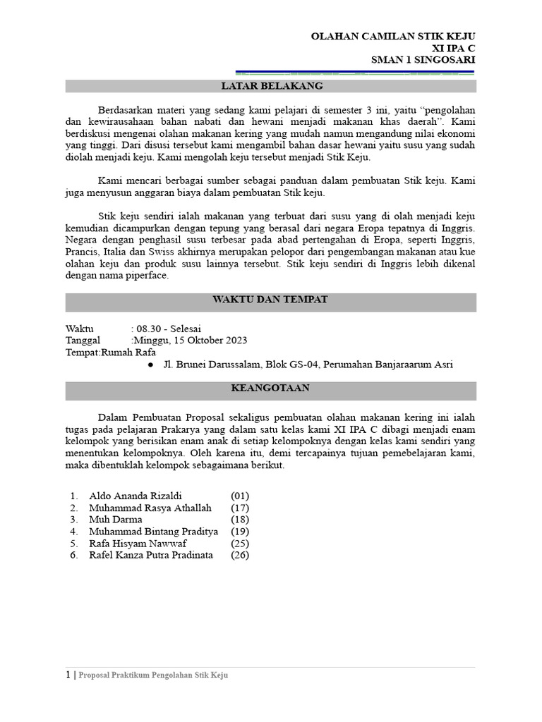 Proposal Prakarya Dan Kewirausahaan Olahan Maknan Kering (Stik Keju) | PDF