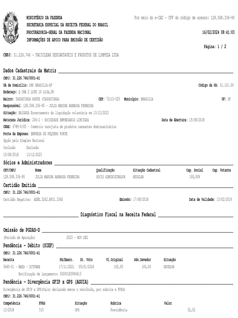 RelatorioSituacaoFiscal 31226746000141 20240216 | PDF | Economia de negócios | Brasil