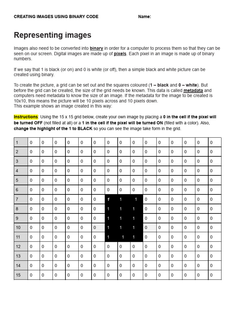 Copy of Ist U4 l1 Activity 2 Creating Images Using Binary Code | PDF | Pixel | Metadata