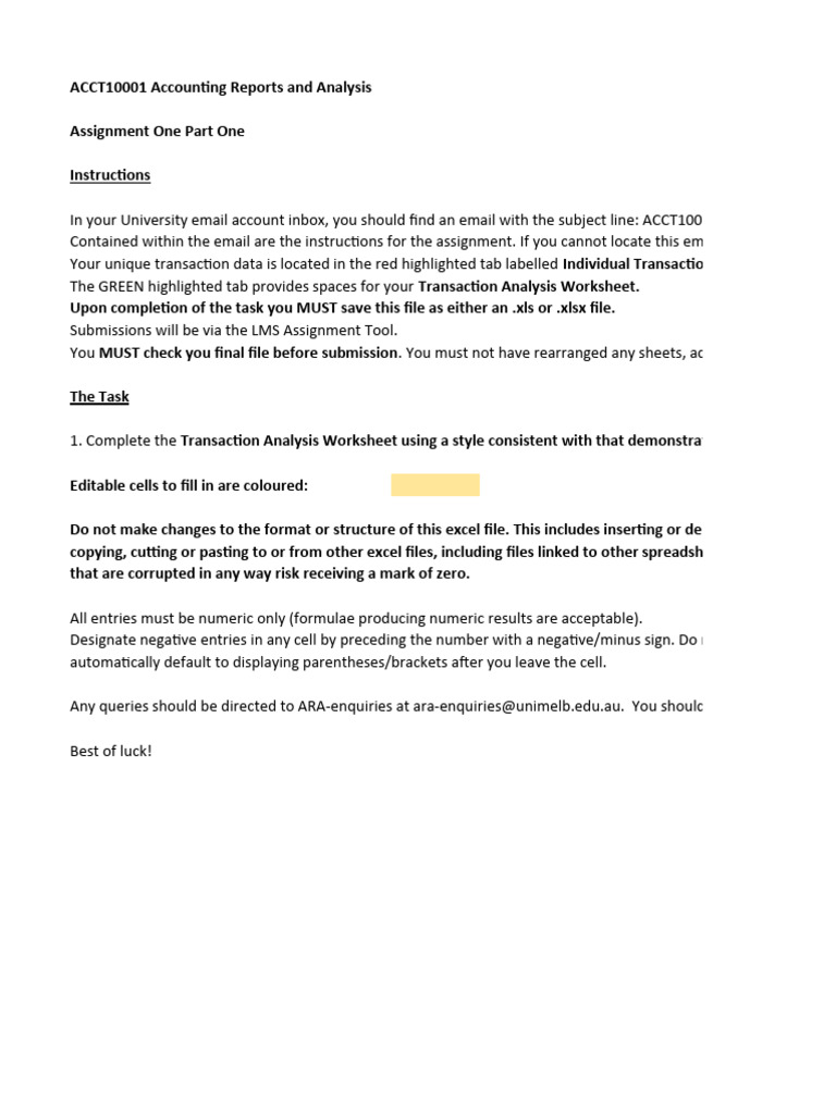 ACCT10001 Assignment 1 Guide | PDF | Retained Earnings | Microsoft Excel