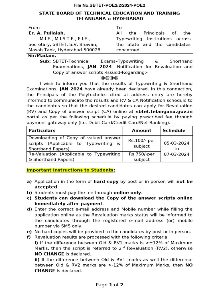 RVCA Notification-TWSH Exams JAN 2024 | PDF | Payments