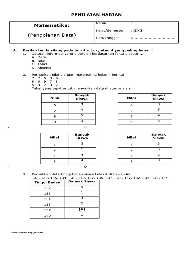 Penilaian Harian Matematika Kelas 4 Semester 2 Pengolahan Data 1 | PDF