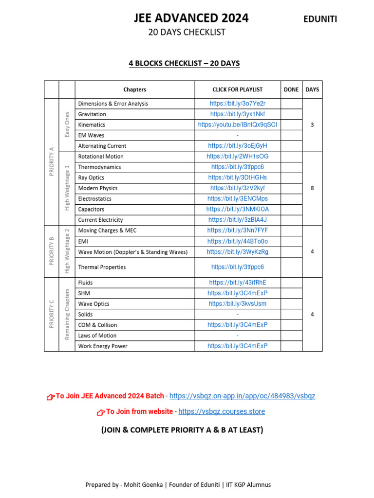 JEE Advanced 2024: 20-Day Checklist | PDF | Physical Phenomena ...