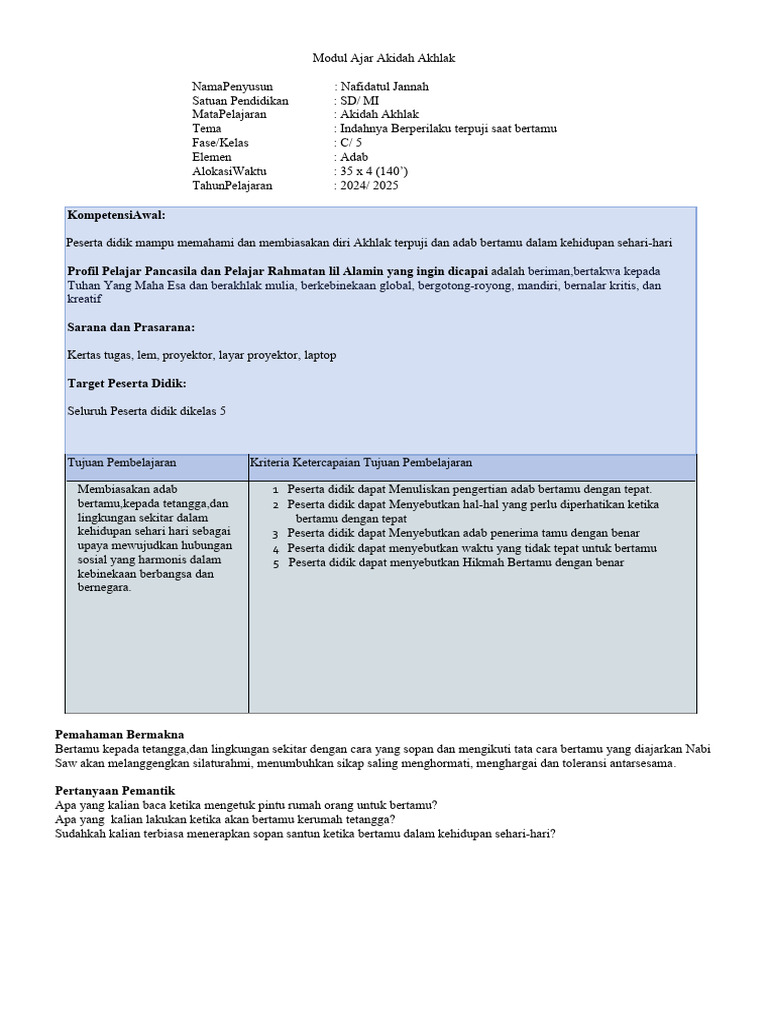 Modul Ajar Adab Bertamu | PDF