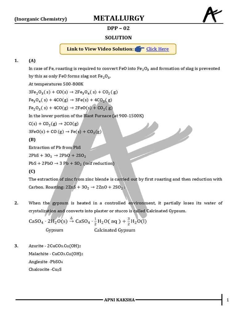 DPP - 02 (Video Solution) - Metallurgy | PDF | Smelting | Ore DPP - 02 (Video Solution) - Metallurgy | PDF | Smelting | Ore