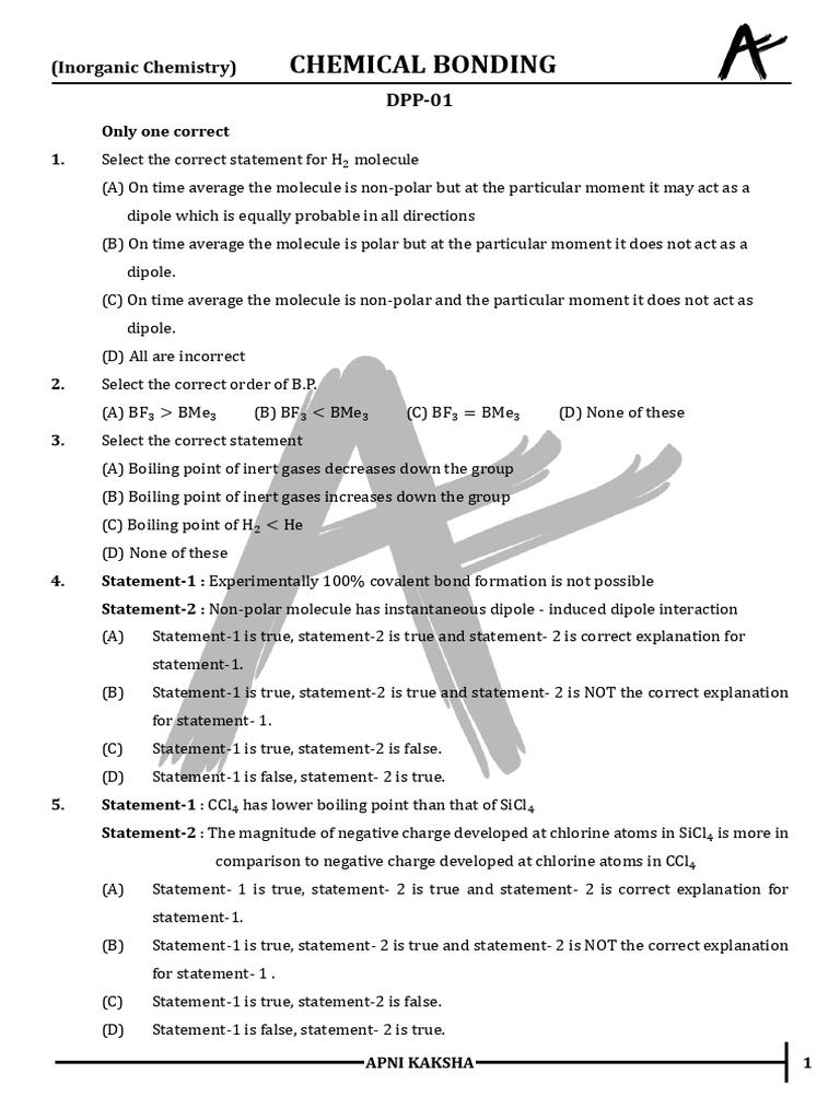 DPP - 01 - Chemical Bonding | PDF | Intermolecular Force | Chemical Polarity