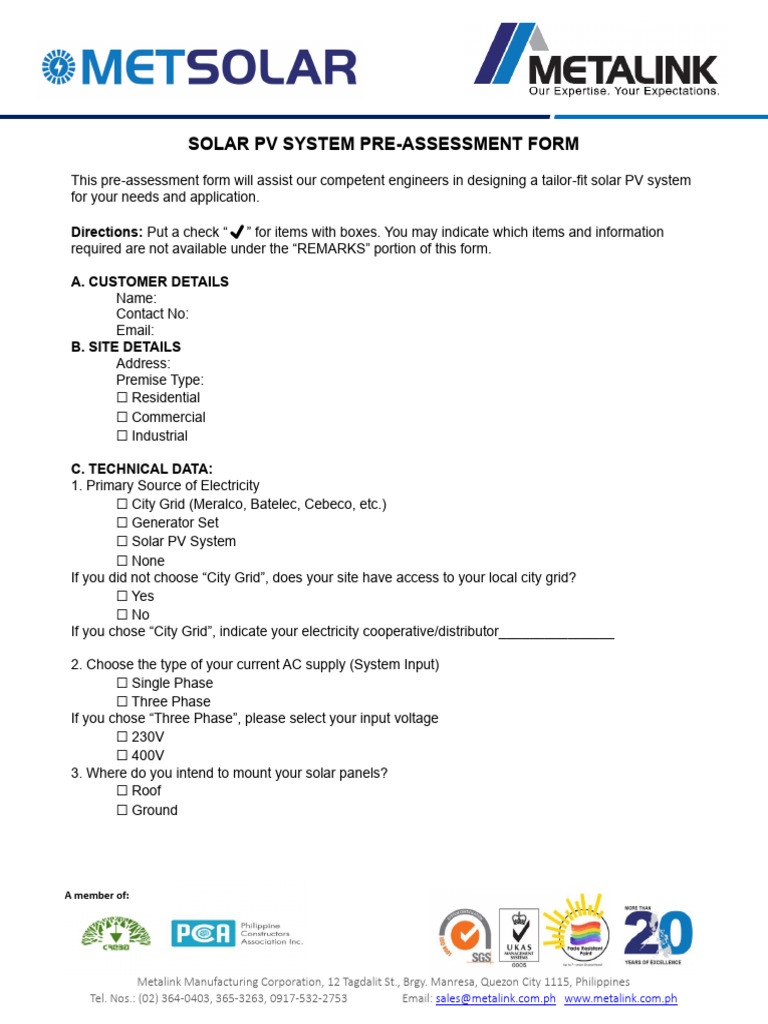 Solar Pre-Assessment Form | PDF | Photovoltaic System | Photovoltaics