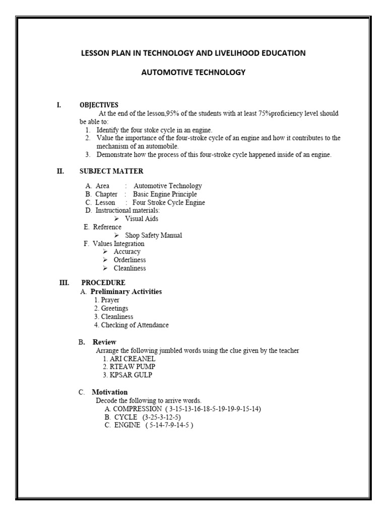 LESSON-PLAN-IN-AUTOMOTIVE-TECHNOLOGY | PDF | Internal Combustion Engine | Engines