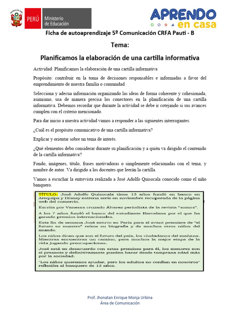 Jhonatan Ficha Comunicacion 5º | PDF | Crecimiento personal y profesional | Relaciones ...