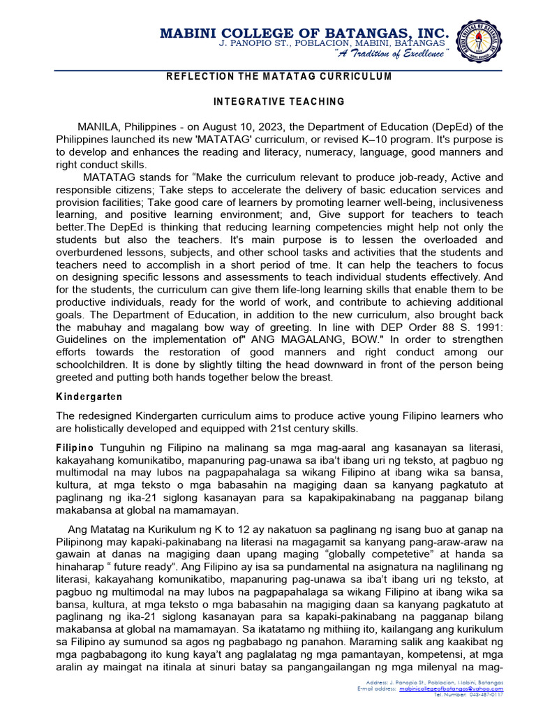 Reflection The Matatag Curriculum (Integrative Teaching) | PDF ...