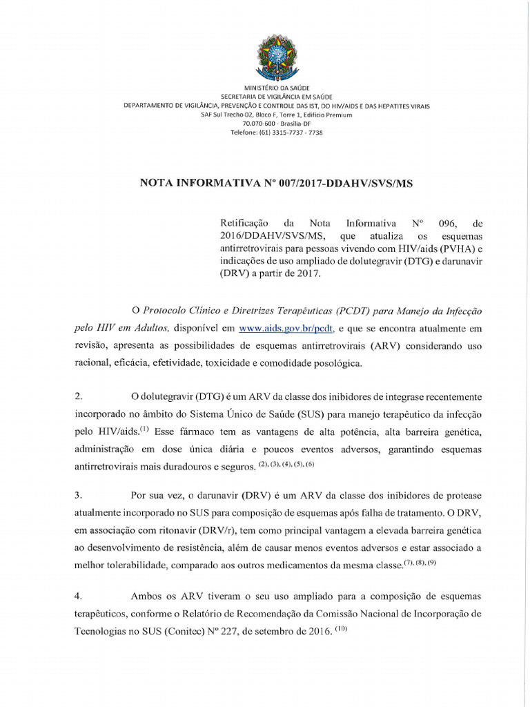 Nota Informativa 007 - Protocolo de Uso ARV - 2017 | PDF