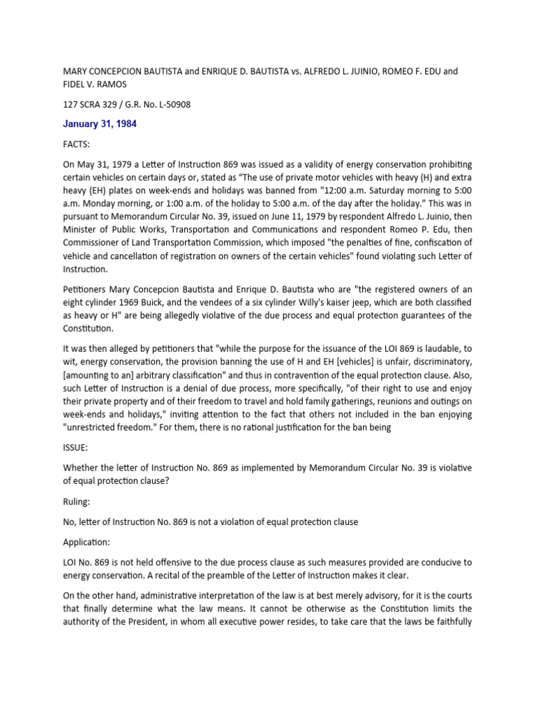 Bautista V Juinio | PDF | Equal Protection Clause | Due Process Clause