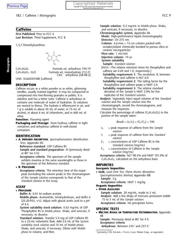 182 / Caffeine / Monographs FCC 9 | Download Free PDF | Solubility | Acid