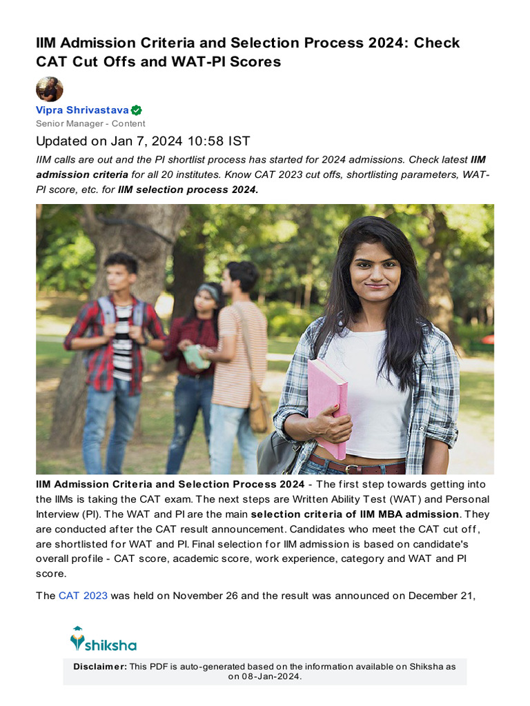 IIM Admission Criteria and Selection Process 2024: Check CAT Cut Offs and WAT-PI Scores | PDF