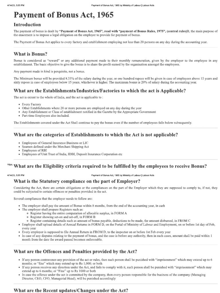 Payment of Bonus Act, 1965 by Ministry of Labour - Labour Acts | PDF