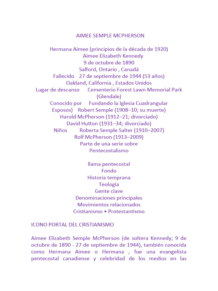 Biografía de Aimee Semple McPherson | PDF