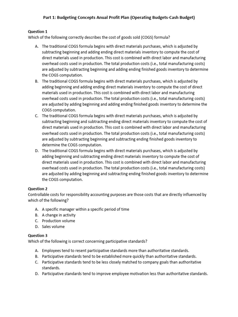 Part 1 Budgeting Concepts Anual Profit PlanOperating Budgets Cash Budget - Qs 29 Jan 2023 | PDF ...