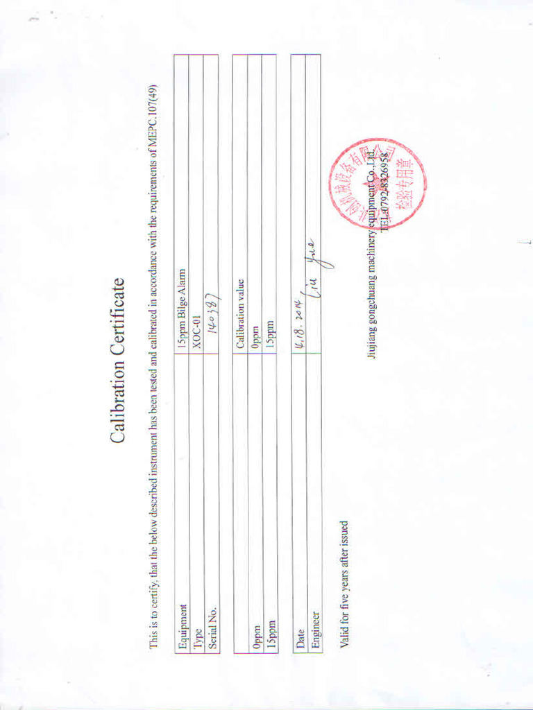 OWS 15 PPM Calibration | PDF