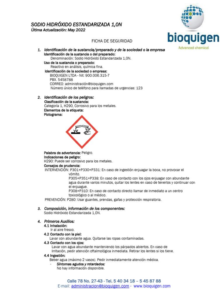 Ficha de Seguridad Sodio Hidróxido 1,0N | PDF | Corrosión | Solubilidad