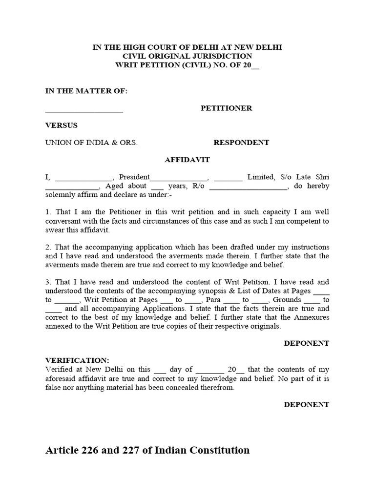 Affidavit For Writ of Certiorari Writ Petition Under Article 226 and 227 Filed in High Court ...