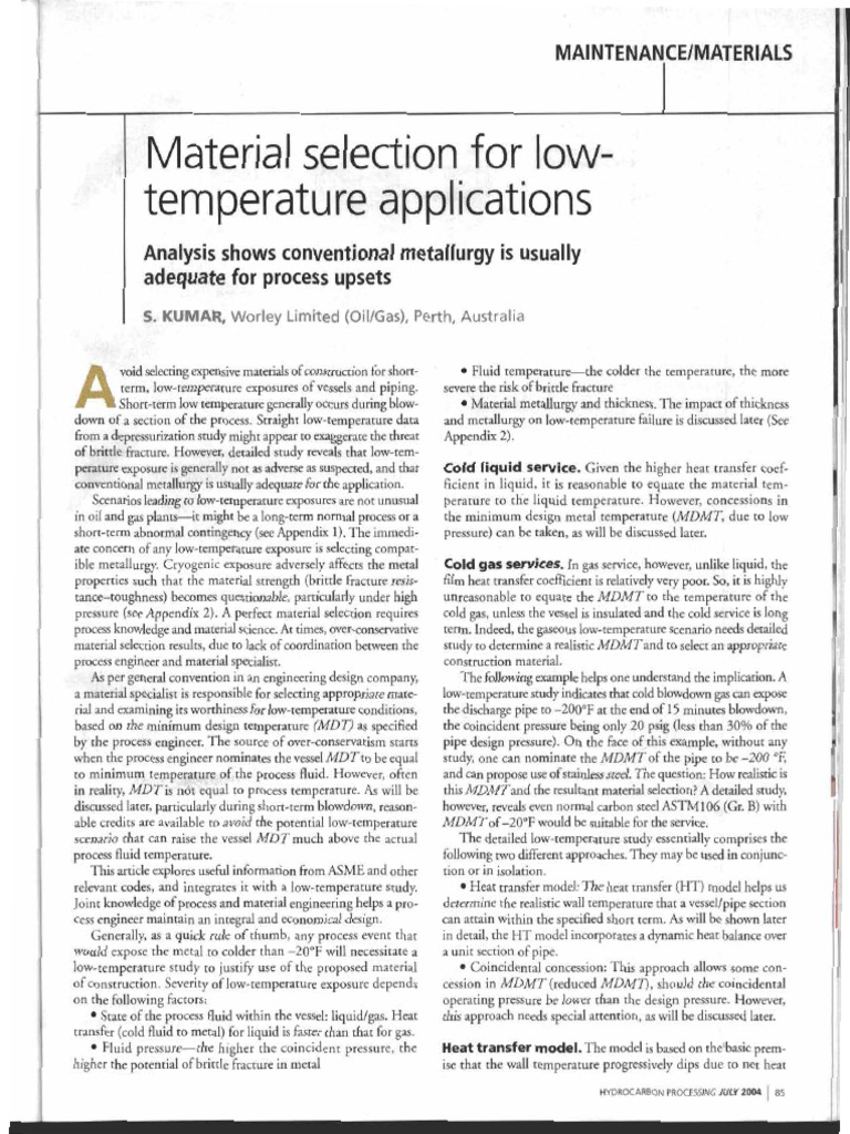 Material Selection For Low-Temp Applications | PDF