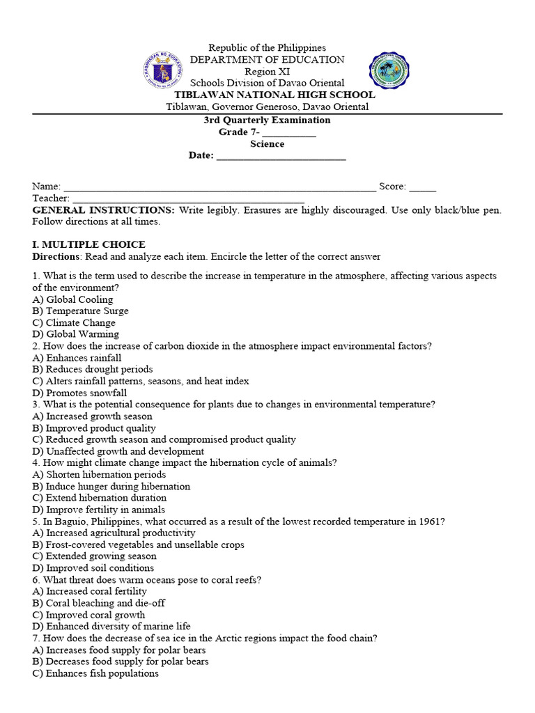 Grade 7 - Science 3rd Quarter Examination | PDF | Acceleration ...
