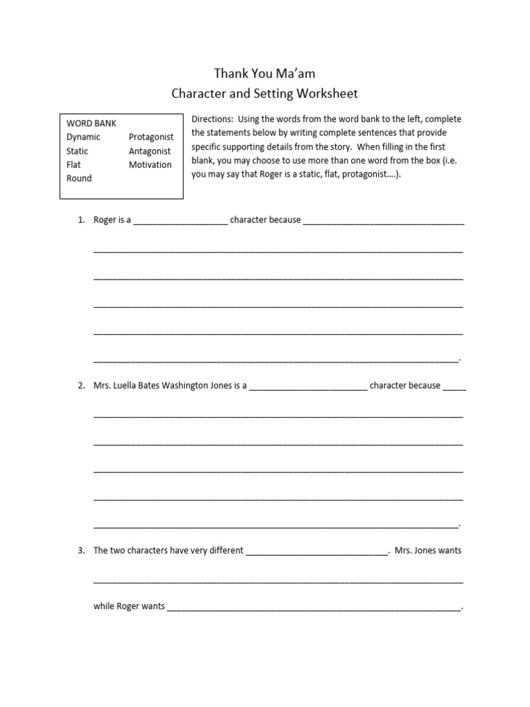 Character and Setting in "Thank You Ma'am" | PDF | Games & Activities ...