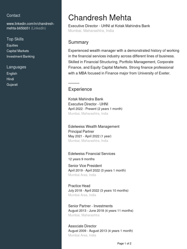 Chandresh Mehta - Resume | PDF | Mumbai | Wealth Management