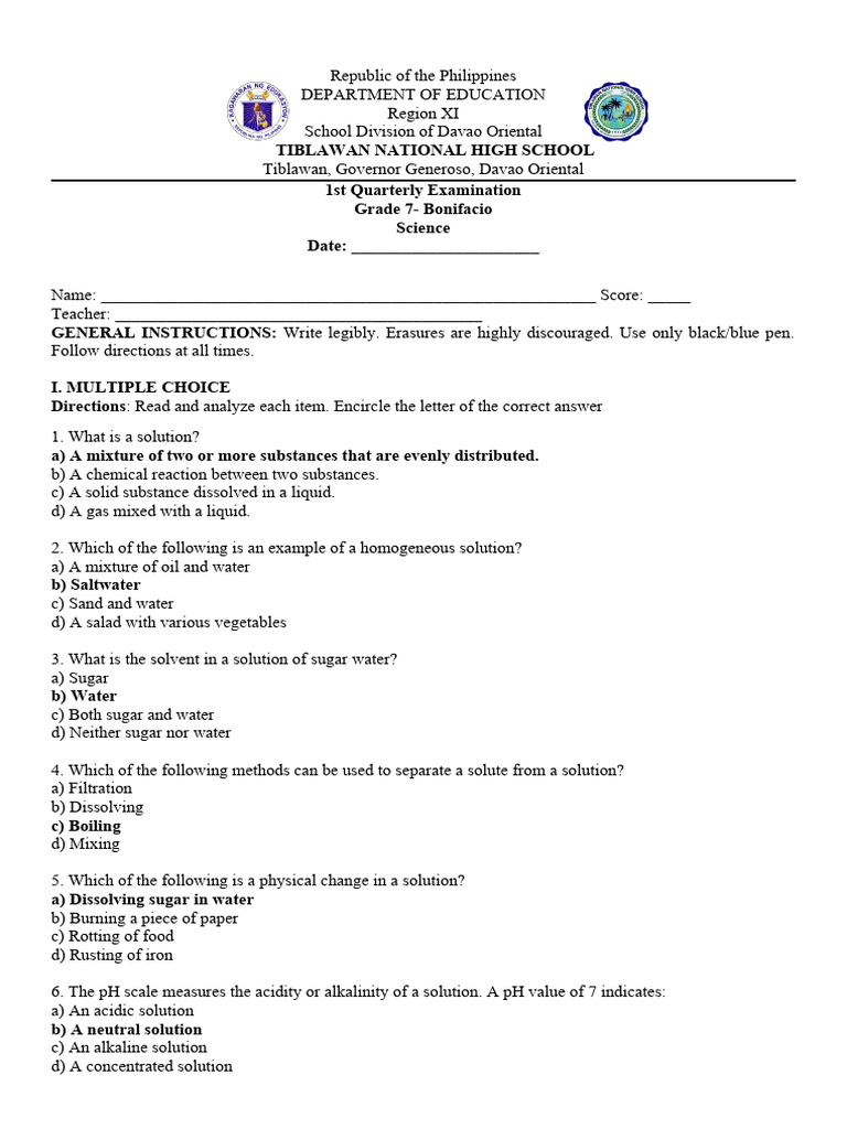 Grade 7 - Science (Answer Key) | PDF | Acid | Ph