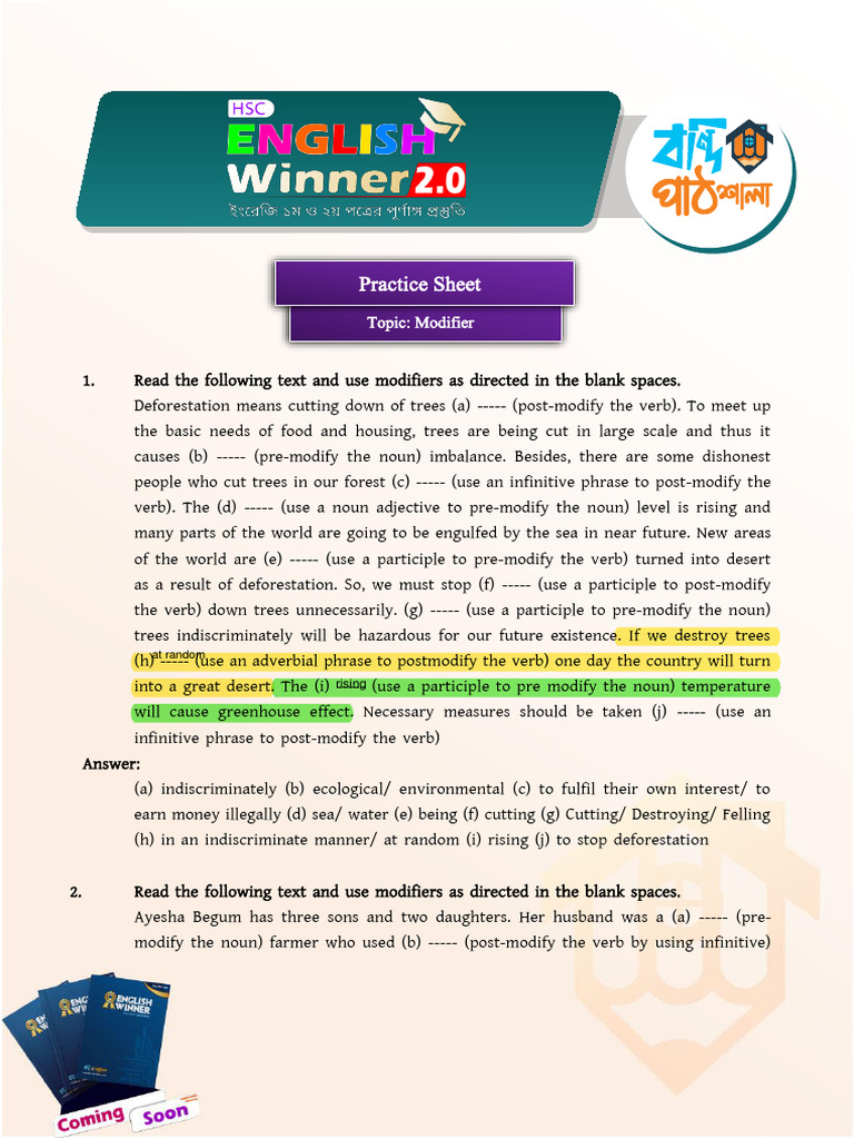 Practice Sheet - Modifier | PDF | Verb | Adjective