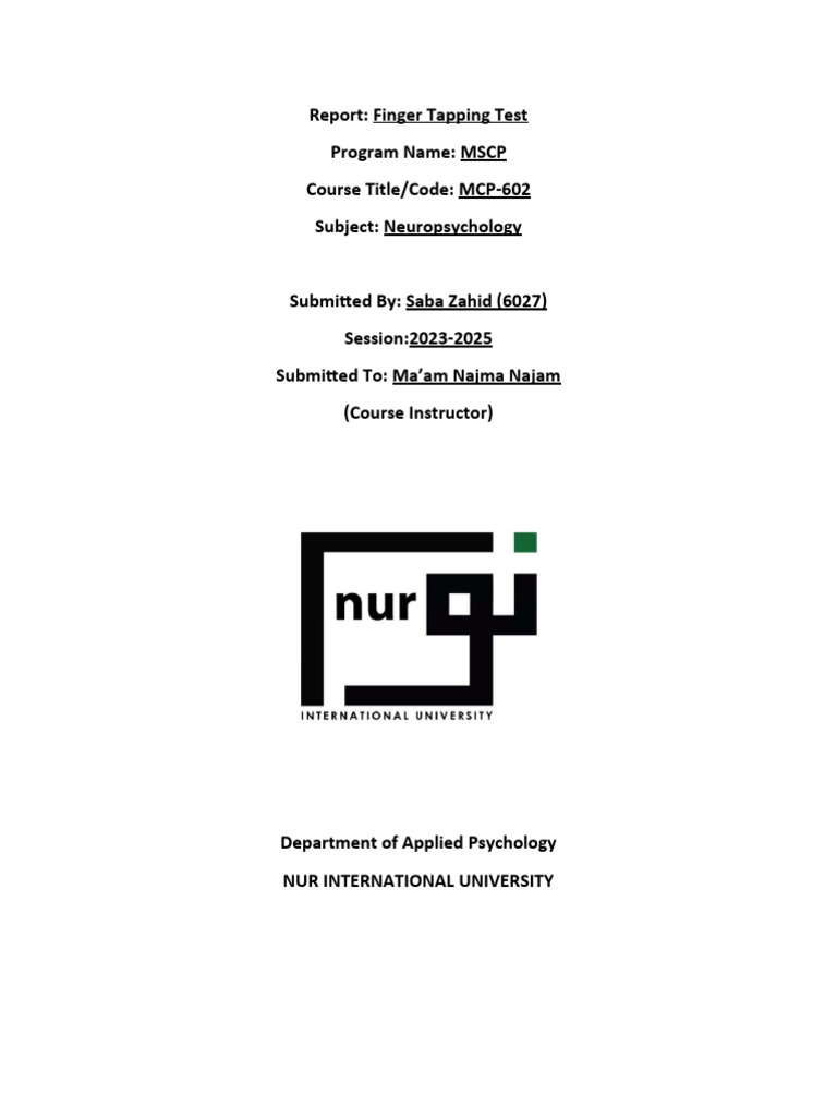 Finger Tapping Test Assessment Report | PDF | Handedness | Neuropsychology
