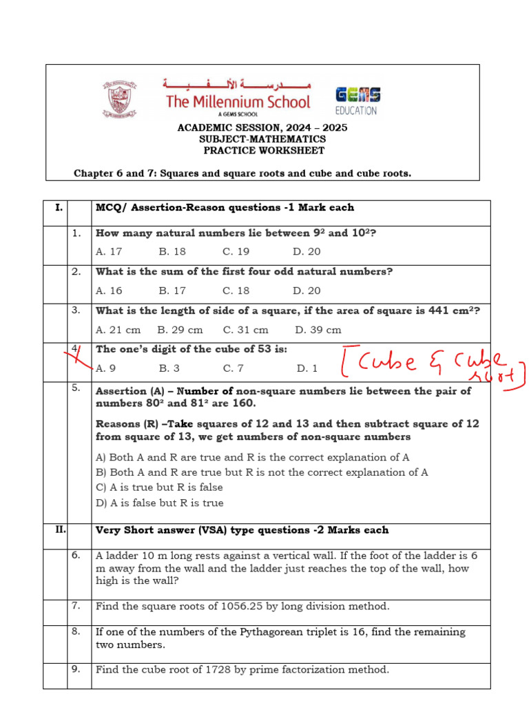Practice Worksheet - Square and Square Roots and Cube and Cube Roots ...