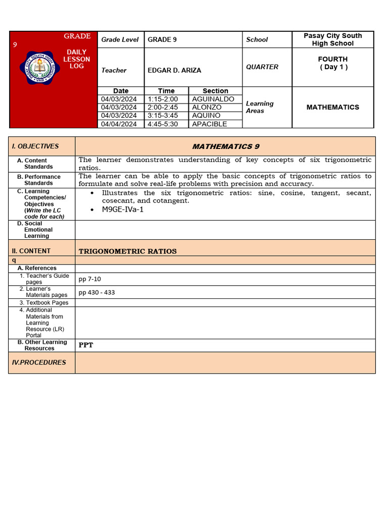 Grade 9 Mathematics Lesson Plan: Trigonometric Ratios | PDF ...