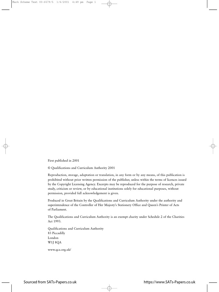 Ks2 Mathematics 2001 Marking Scheme | PDF