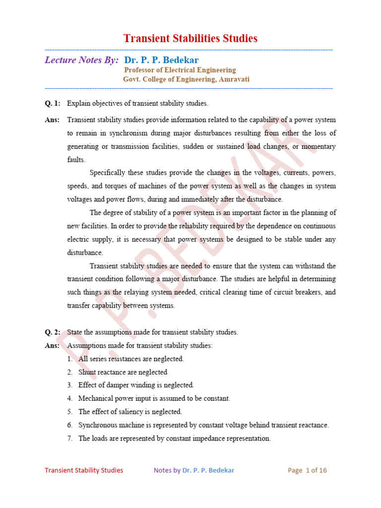 Transient Stability Notes | PDF | Physical Quantities | Electromagnetism